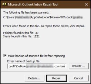 Errors have been detected in the file outlook.ost